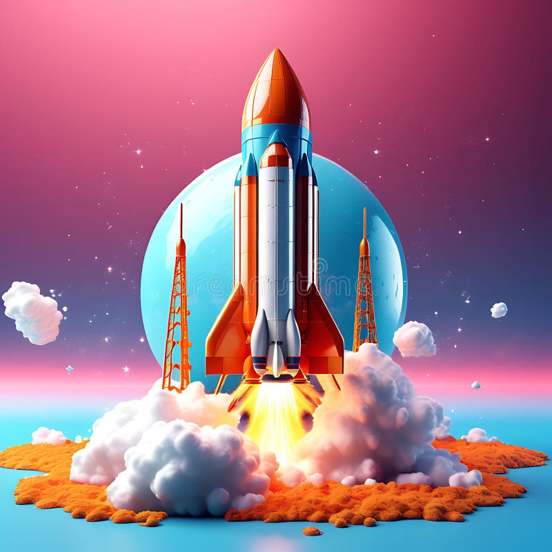 Cosmic Ascent: 3D Render of a Rocket Launch in a Blue Background â ...