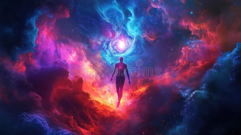 Cosmic Ascent a Silhouette Amidst Nebulae and Light - Journey through ...