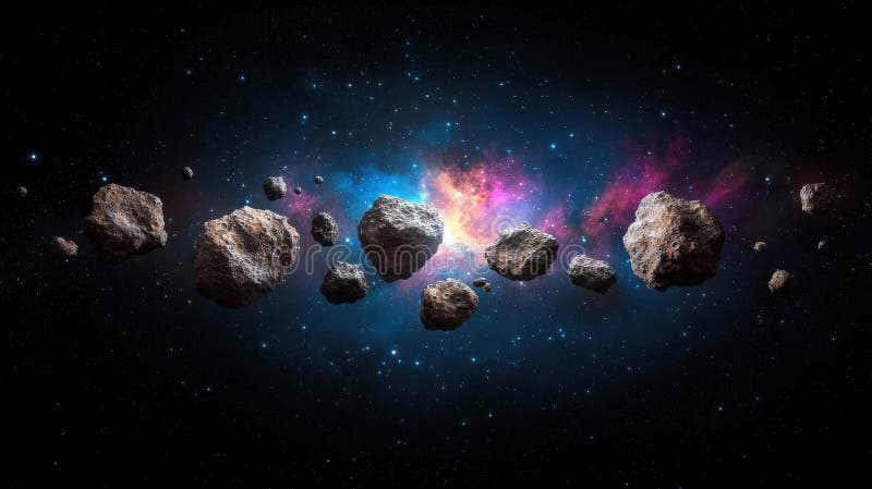 Cosmic Asteroid Field with Colorful Nebula Stock Illustration ...