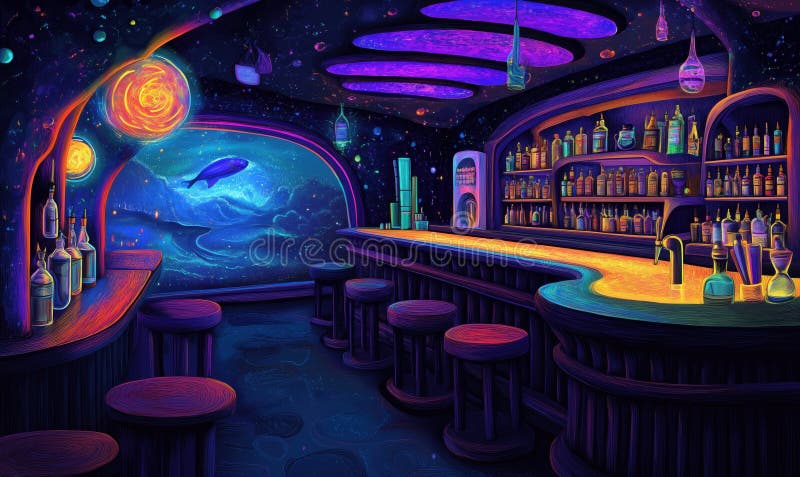 Cosmic Bar Interior with Vibrant Colors, Glowing Bottles, and Starry ...