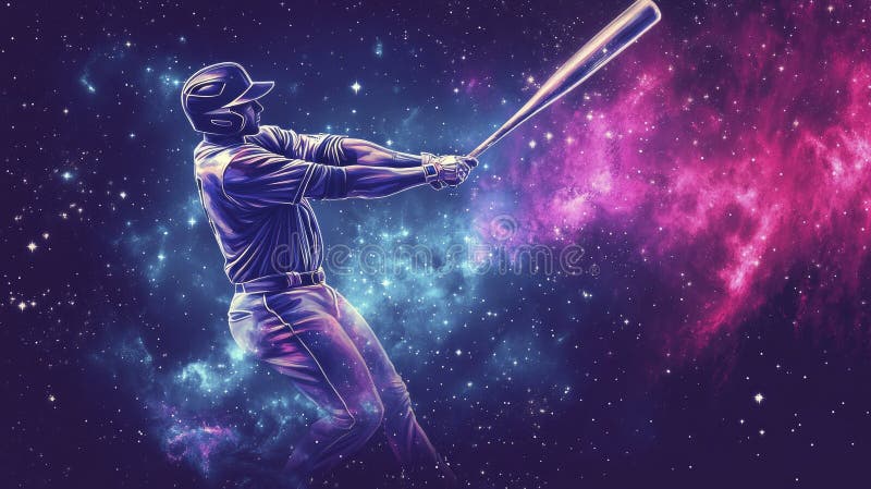 Cosmic Baseball Player Swinging Bat in Front of a Galaxy Nebula. Power ...