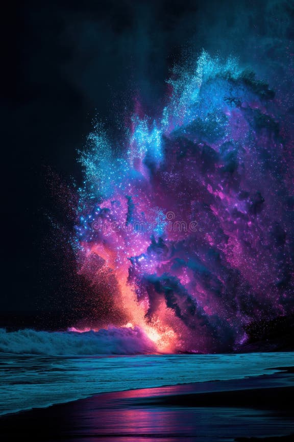 Cosmic Beach Explosion - a Nighttime Seascape Stock Illustration ...