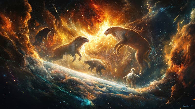 Cosmic Beasts Clash Amidst Nebulae, Planets, and Stars Stock Image ...