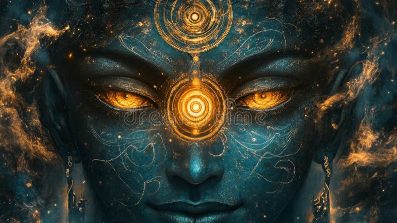 Cosmic Being with Golden Eyes and Celestial Patterns Stock Illustration ...