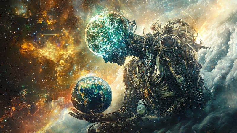 A Cosmic Being Holding Earth in Its Hand, Surrounded by Swirling ...