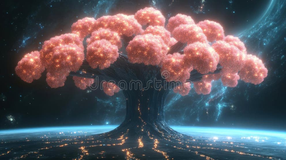 Cosmic Bloom, Glowing Tree on Alien Planet Stock Image - Image of ...