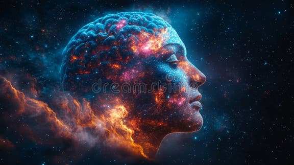 Cosmic Brain Head with Galaxy and Starry Background Stock Image - Image ...