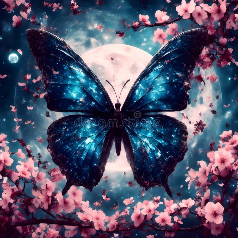 Cosmic Butterfly Under the Moon with Cherry Blossoms Stock Illustration ...