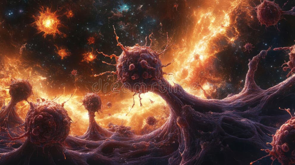 Cosmic Cancer Cells Exploding in Fiery Nebula Stock Illustration ...