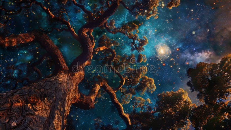 Cosmic Canopy: a Stellar Night Beneath Ancient Branches Stock Illustration - Illustration of ...