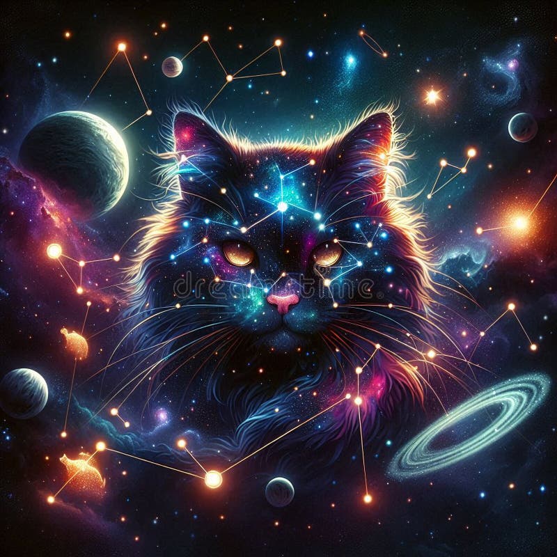 Cosmic Cat with a Galactic Background and Shimmering Stars. Stock Image ...