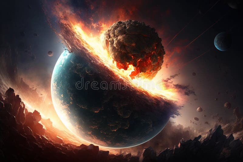 The Cosmic Cataclysm. Giant Asteroid Colliding with a Planet or Earth, Depicting a Catastrophic ...