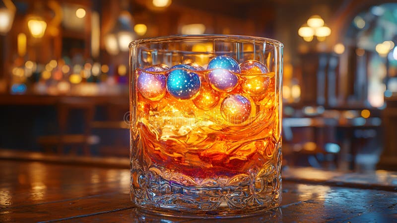 Cosmic Cocktail on Bar, Glowing Ice, Night Stock Photo - Image of ...