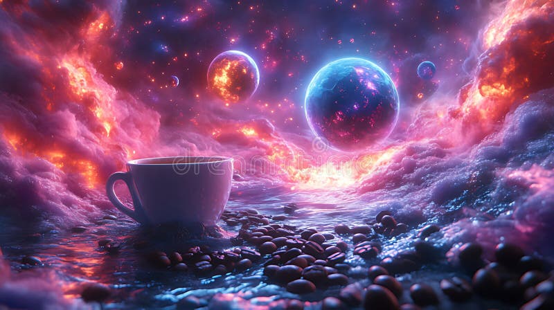Cosmic Coffee Mug on Beans, Fiery Nebula Backdrop Stock Illustration ...