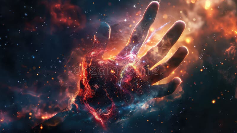 A Cosmic Connection: Man S Hand Reaching Out To a Glowing Galaxy Stock ...
