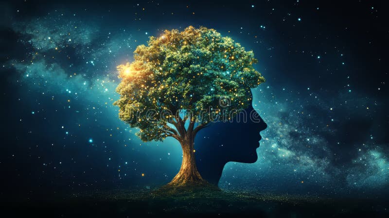 Cosmic Consciousness Human Profile Merging with Glowing Tree, Milky Way ...