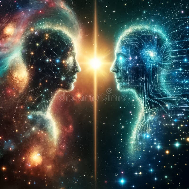 Cosmic Convergence of Human Ingenuity and AI Technology Stock Photo ...