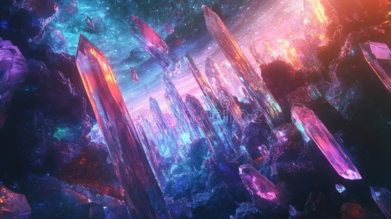 A Cosmic Crystal Field with a Starry Sky Background Stock Illustration ...