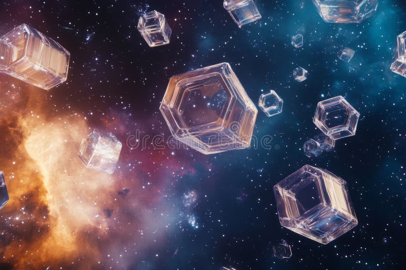 A Cosmic 3D Background with Floating Transparent Hexagons Set Against a ...
