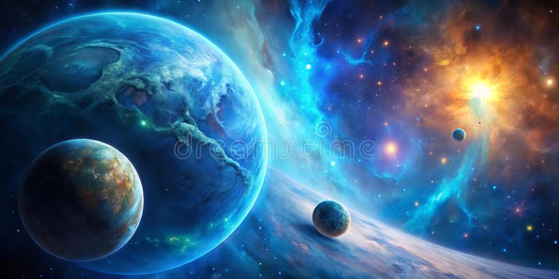Cosmic Dance a Blue Planet and Its Moon in a Nebula with an Exploding ...