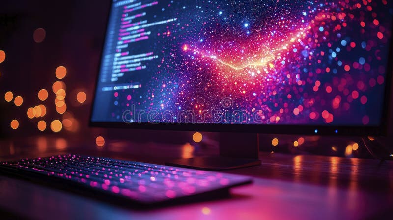 Cosmic Digital Art with Stars and Programming Code Stock Illustration ...