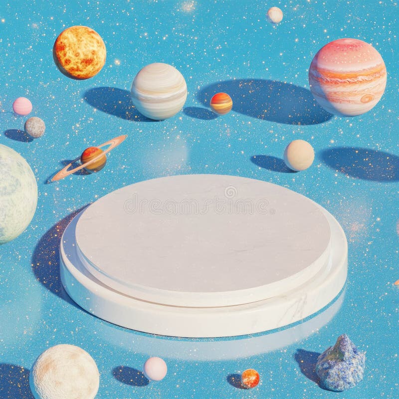 Cosmic Display with White Circular Podium and Surrounding Planets in ...