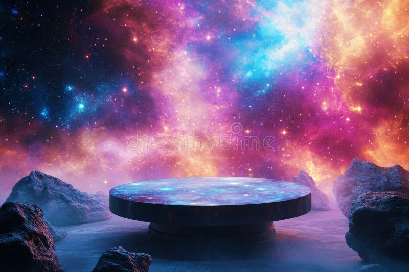 A Cosmic Dreamscape 3D Background Featuring a Levitating Podium Bathed ...