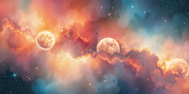 Cosmic Dreamscape Three Moons Shine Brightly in a Nebula Stock ...
