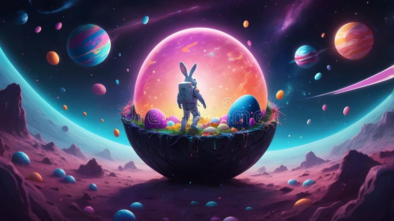 Cosmic Easter Scene with Floating Eggs and a Mystical Bunny, Fantasy ...