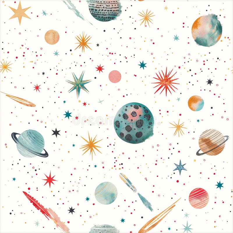 Cute Seamless Pattern with Planets and Stars for Kids. Cosmic Elements ...