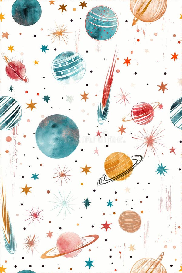 Cute Seamless Pattern with Planets and Stars for Kids. Cosmic Elements ...