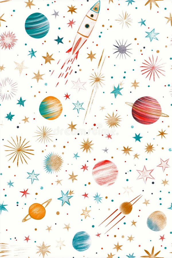 Cute Seamless Pattern with Planets and Stars for Kids. Cosmic Elements ...
