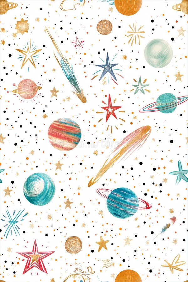 Cute Seamless Pattern with Planets and Stars for Kids. Cosmic Elements ...