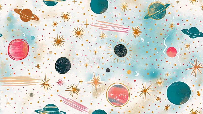 Cute Seamless Pattern with Planets and Stars for Kids. Cosmic Elements ...