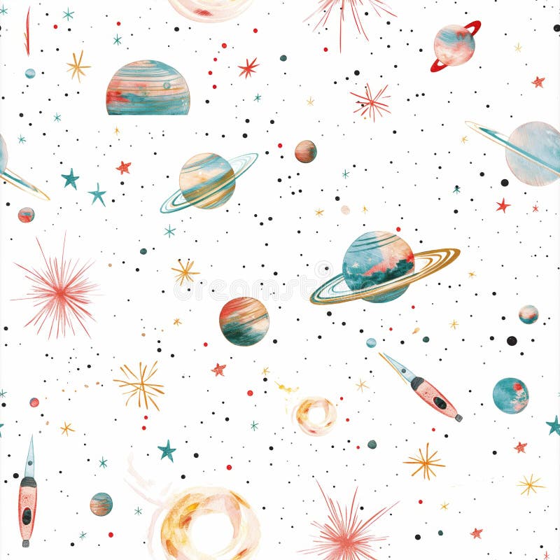 Cute Seamless Pattern with Planets and Stars for Kids. Cosmic Elements ...