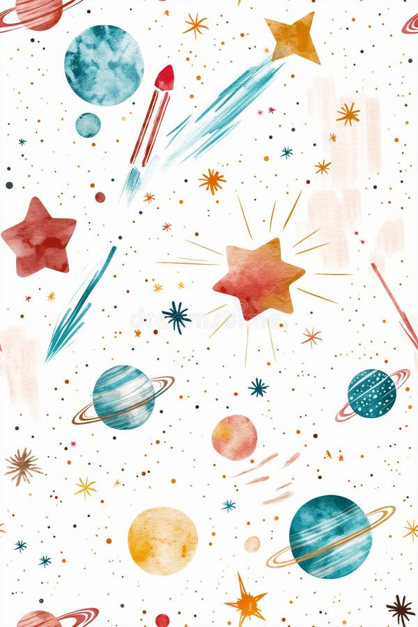 Cute Seamless Pattern with Planets and Stars for Kids. Cosmic Elements ...