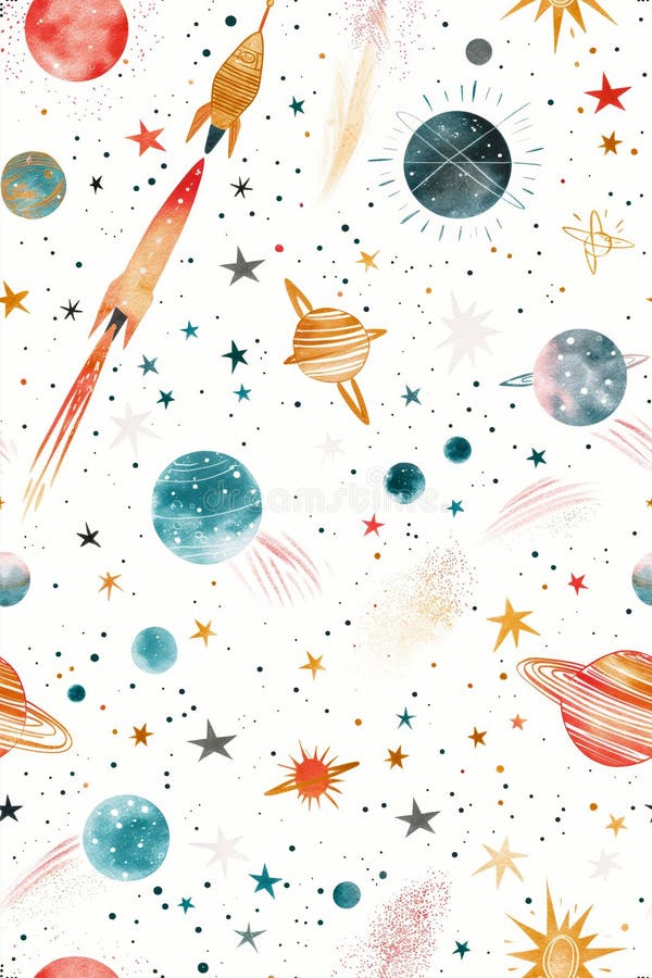 Cute Seamless Pattern with Planets and Stars for Kids. Cosmic Elements ...