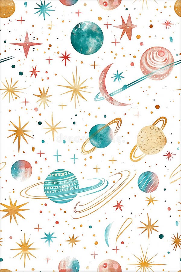 Cute Seamless Pattern with Planets and Stars for Kids. Cosmic Elements ...