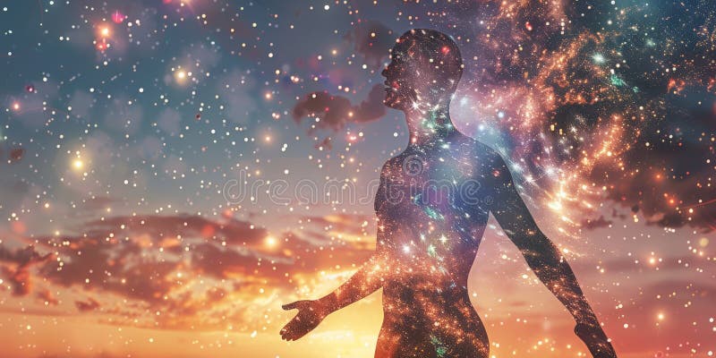 Cosmic Energy in Human Form at Sunset. the Universe and Human ...