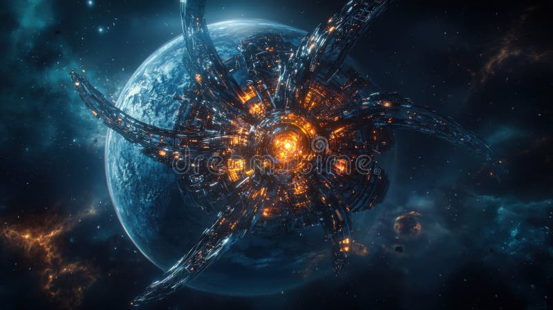 Cosmic Environment a Futuristic Space Station Orbiting a Distant Planet ...