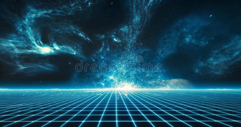 Cosmic Expanse Over a Grid Floor, Featuring Ethereal Blue Nebulae and a ...