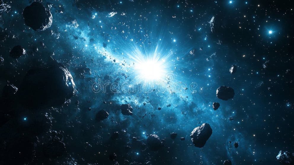 Cosmic Explosion in Blue Nebula, Space Rocks and Stars Stock ...