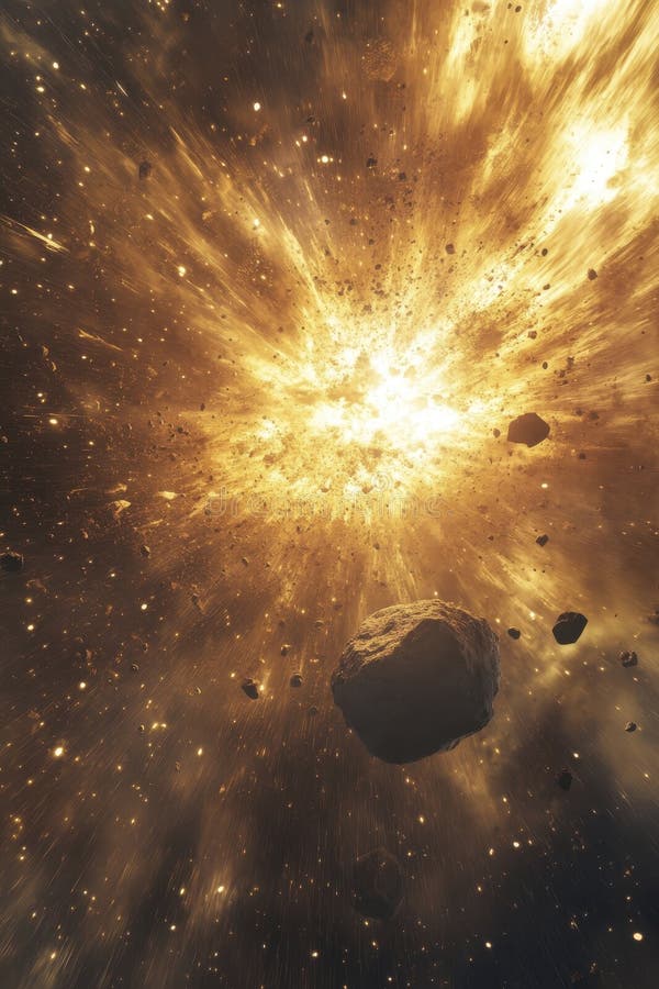 Cosmic Explosion Golden Light and Dark Space Debris Stock Illustration ...