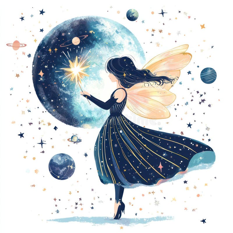 Cosmic Fairy Illustration, a Celestial Being with Sparkling Wand Stock ...