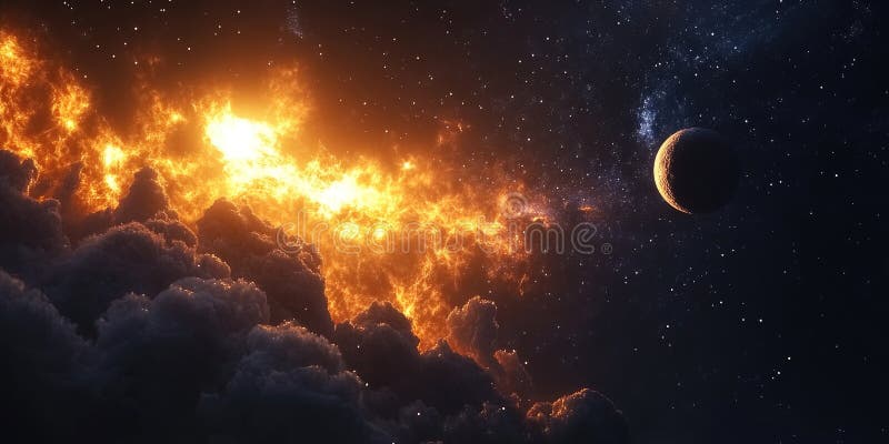 Cosmic Fire and Crescent Moon: a Dramatic Space Scene with Fiery Clouds ...