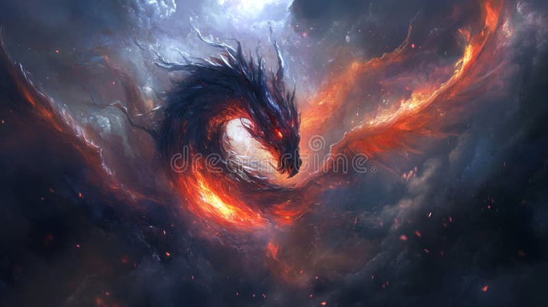 Cosmic Fire Dragon in Nebula: Dark Fantasy Digital Art Stock ...