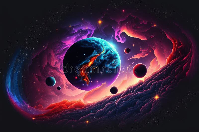 Cosmic Flare in a Nebula, the Universe, and a Planet at Dusk in a ...