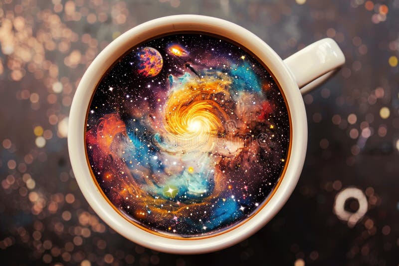 Cosmic Galaxy Scene within a Coffee Cup Set Against a Starry Background ...