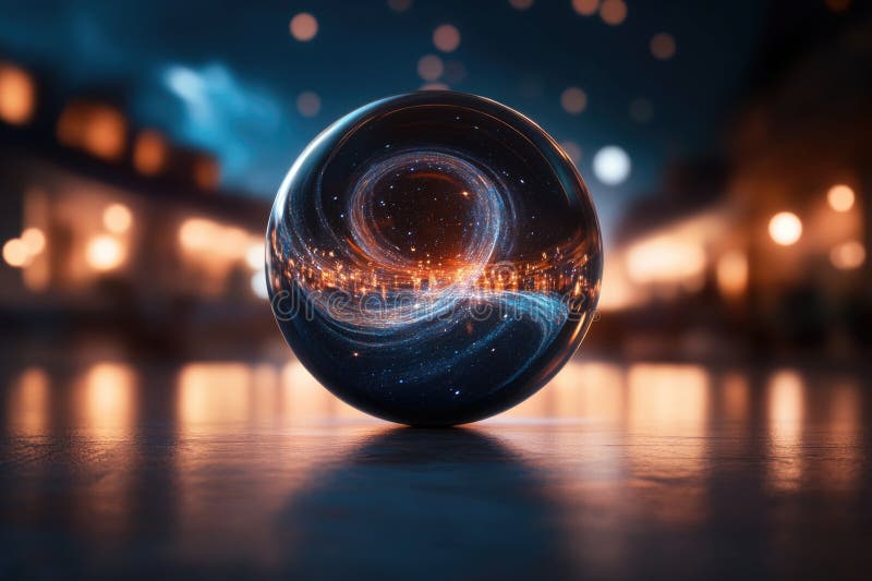 Cosmic Glass Sphere Reflecting City Lights and Starry Sky at Night ...