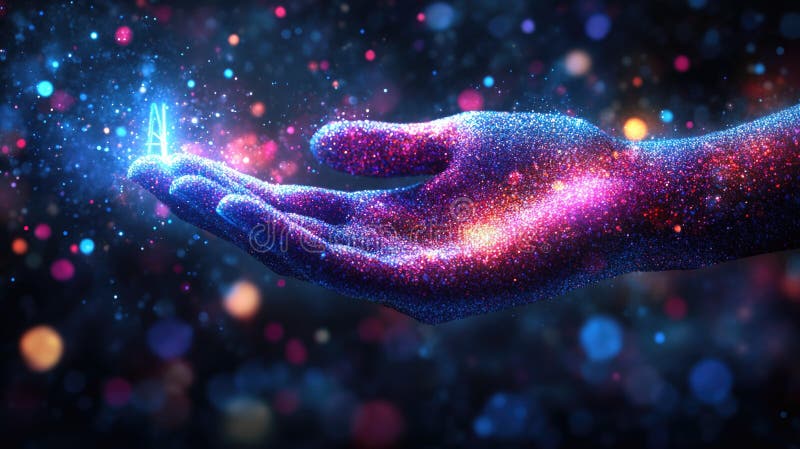 Cosmic Hand Holding Glowing Ai Symbol in a Starry Universe Stock Photo ...
